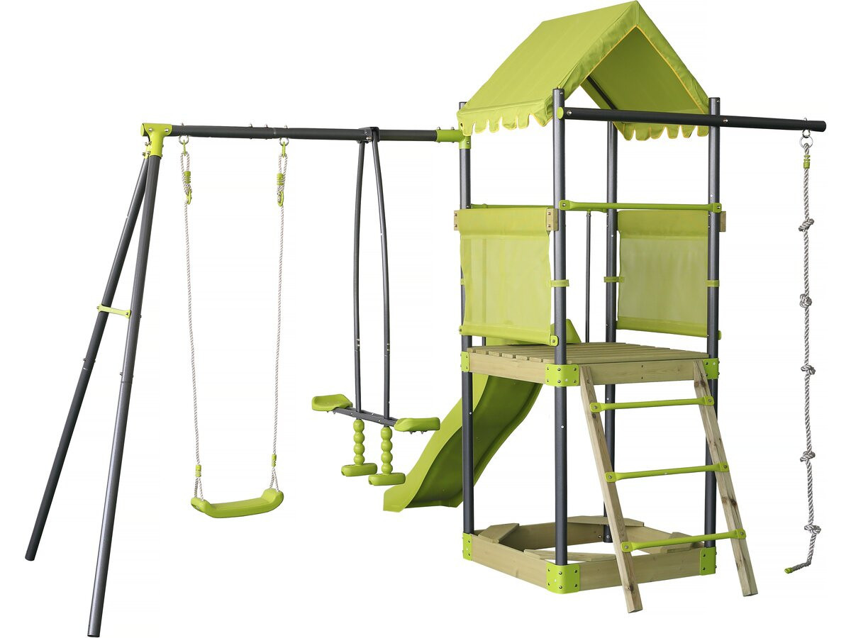 Aire de jeu portique en métal avec toboggan et bac a sable "Sohane" - Vert - Habitat et jardin