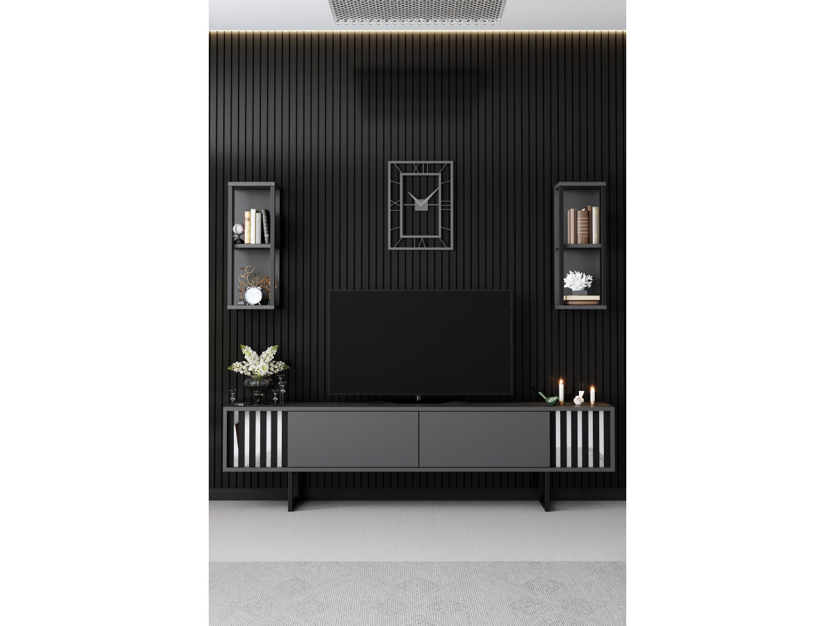 Meuble TV en bois "Chrome Line" - 180 x 30 x 48 cm - AnthraciteNoir ...