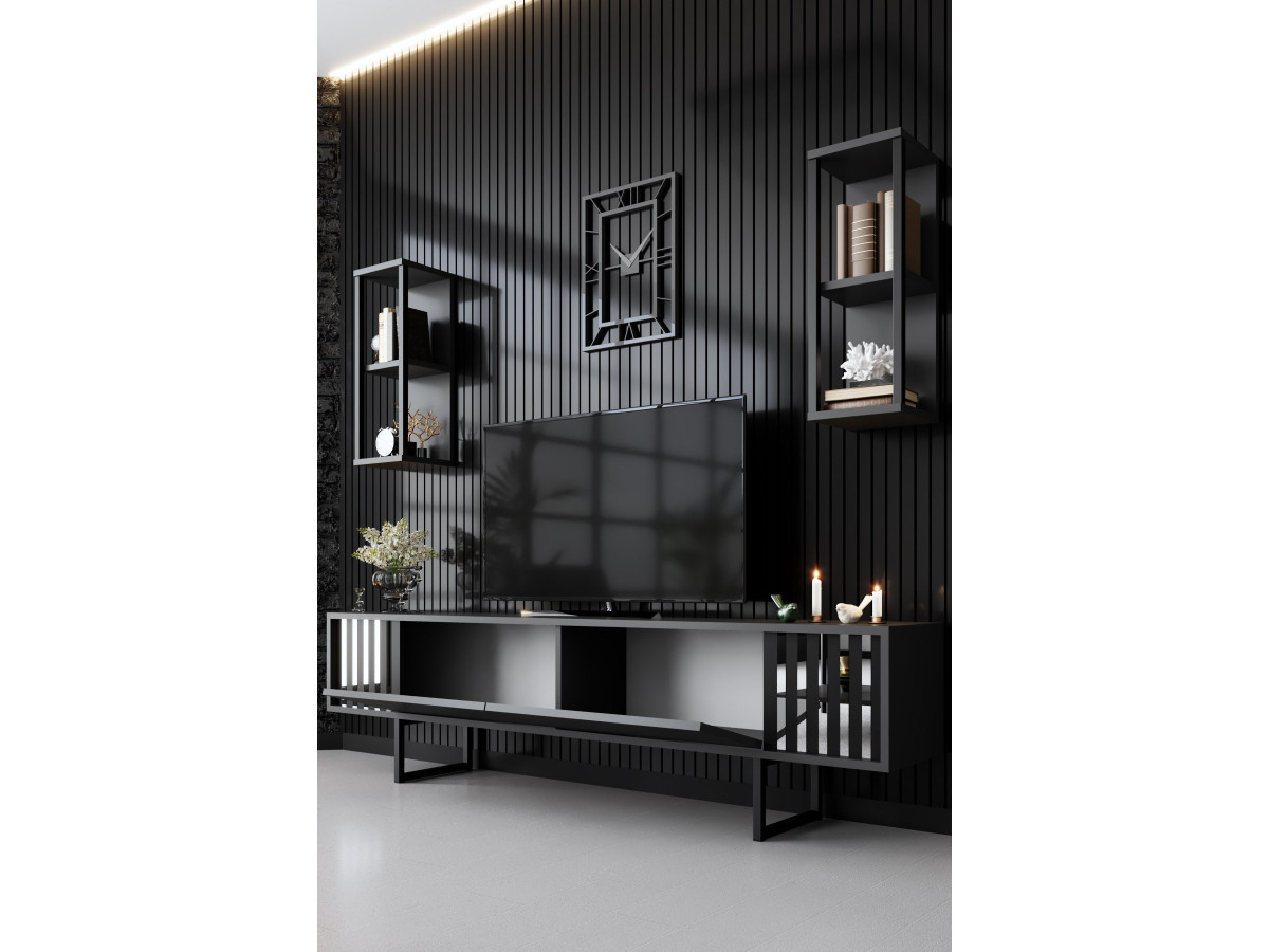 Meuble TV en bois "Chrome Line" - 180 x 30 x 48 cm - AnthraciteNoir ...