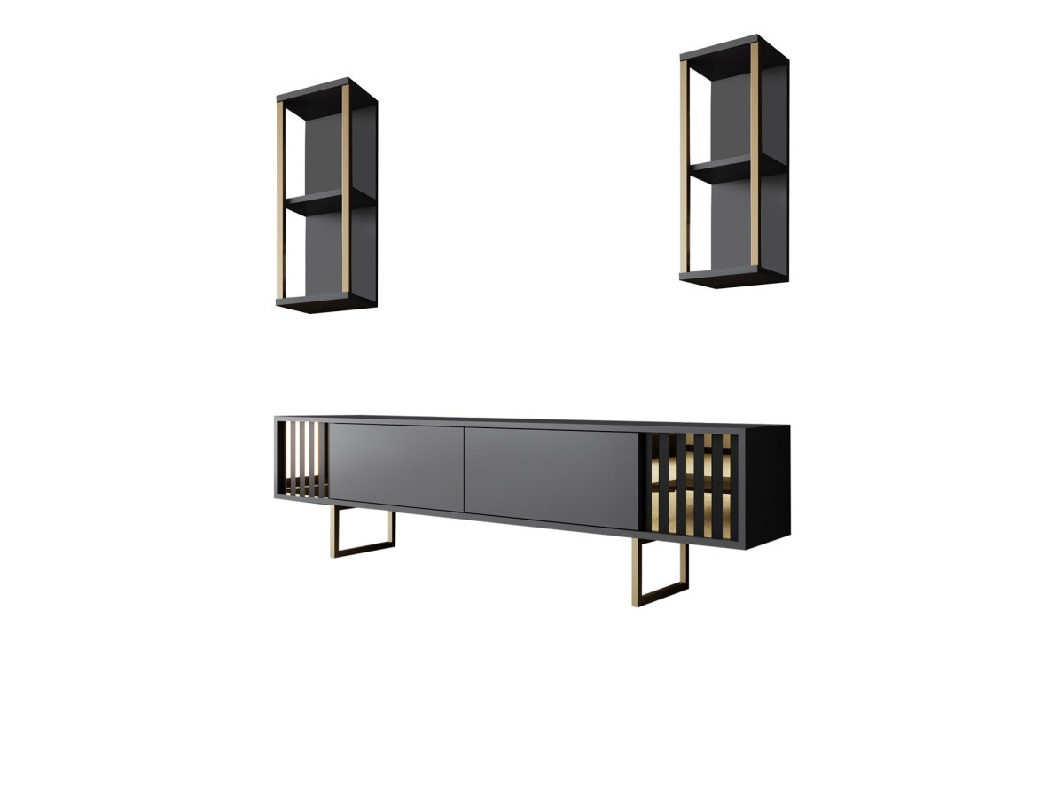 Meuble TV en bois "Gold Line" - 180 x 30 x 48 cm - AnthraciteNoir ...