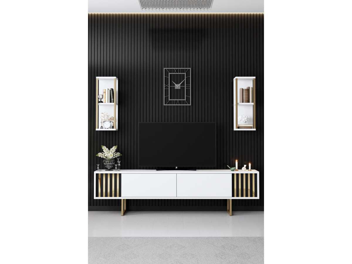 Meuble TV en bois "Gold Line" - 180 x 30 x 48 cm - BlancNoir - Habitat ...
