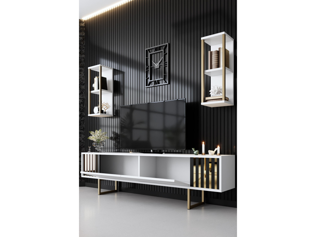 Meuble TV en bois "Gold Line" - 180 x 30 x 48 cm - BlancNoir - Habitat ...